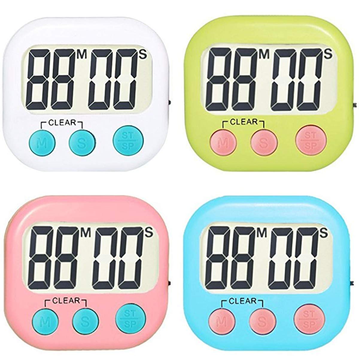 4 Pack Digital Kitchen Timer, ON/Off Switch, Large LCD Display Loud Alarm and Magnetic Backing Stand, Classroom Timers for Cooking Baking Teachers Kids Games Small Size (4 Colors)