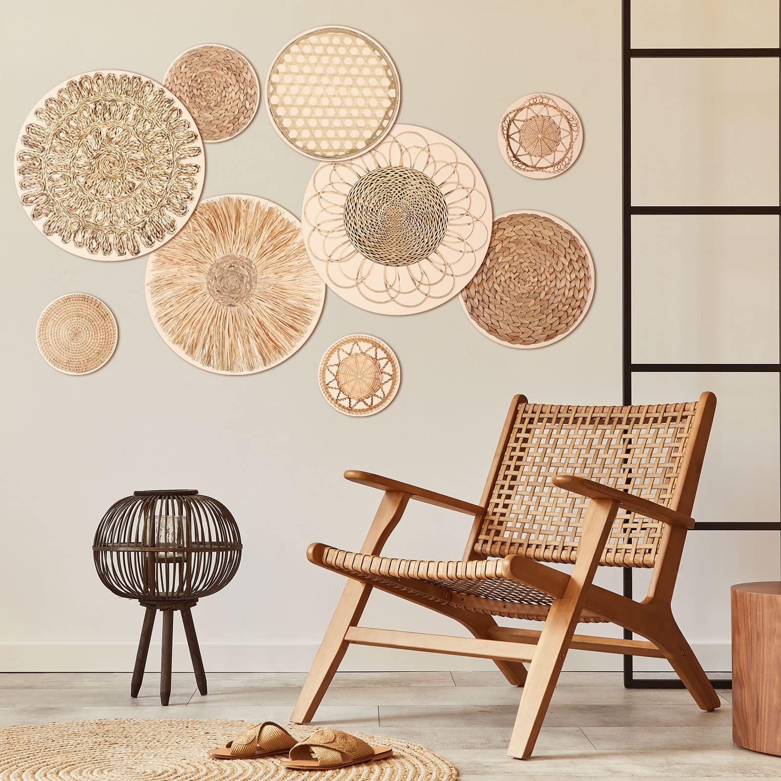 9 Pcs Boho Basket Wall Decals Round Modern Peel and Stick Wall Decals Removable Boho Wall Decal Adhesive Boho Nursery Wall Decor for Bedroom Living Room Office Wall, Just Stickers (Retro Style)