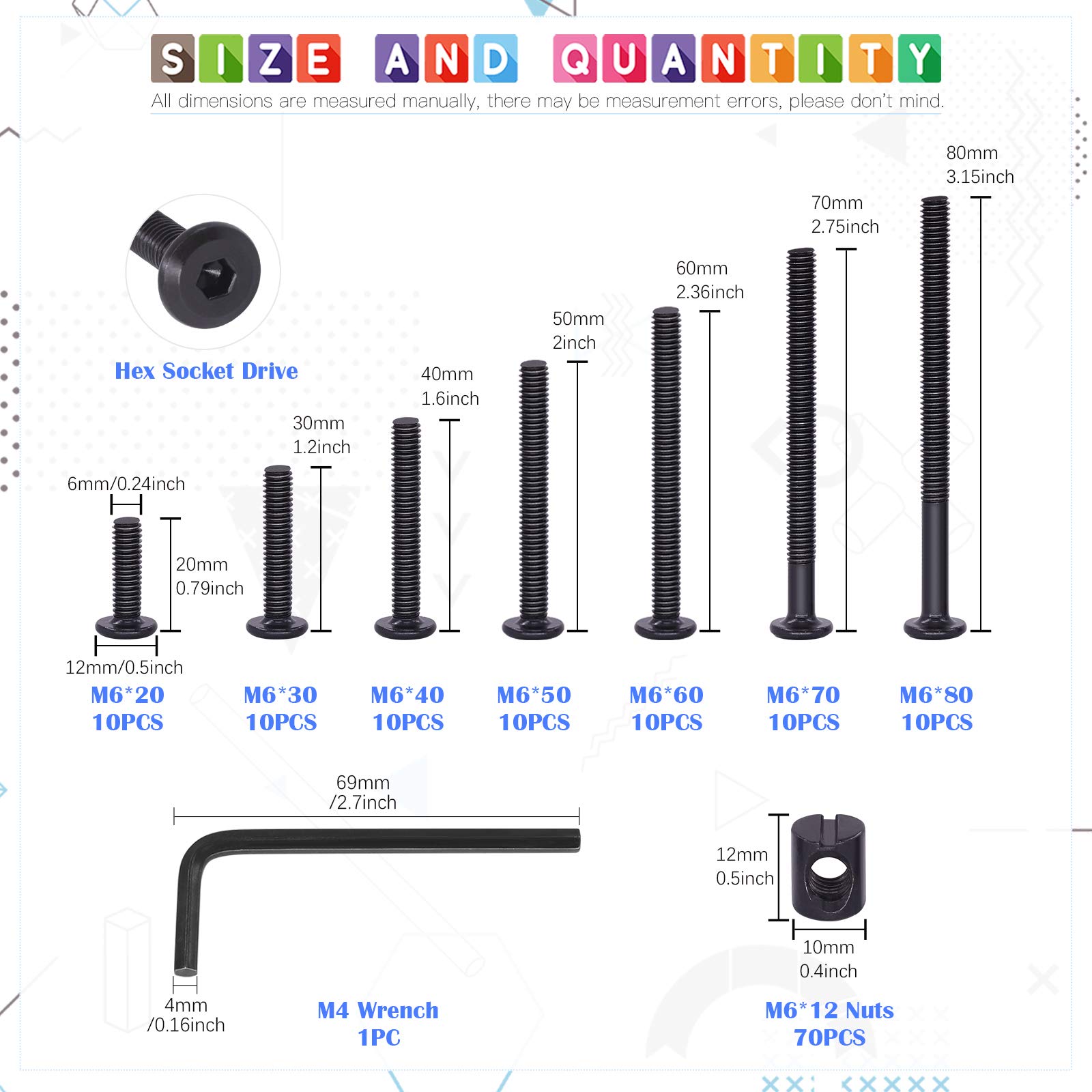 Glarks 141Pcs Baby Bed Crib Screws Hardware Replacement Kit, M6x20/ 30/40/ 50/60/ 70/ 80mm Black Hex Socket Cap Screws and Nuts Assortment Kit with a Allen Wrench for Chair Table Cabinets Furniture