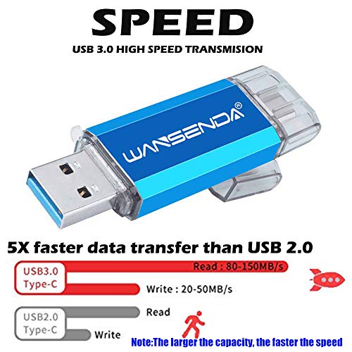 Wansenda 128GB USB C Flash Drive 2 in 1 Thumb Drive, OTG USB 3.0 & Type-C Photo Memory Stick for Android Devices/PC/Mac (128GB, Blue)