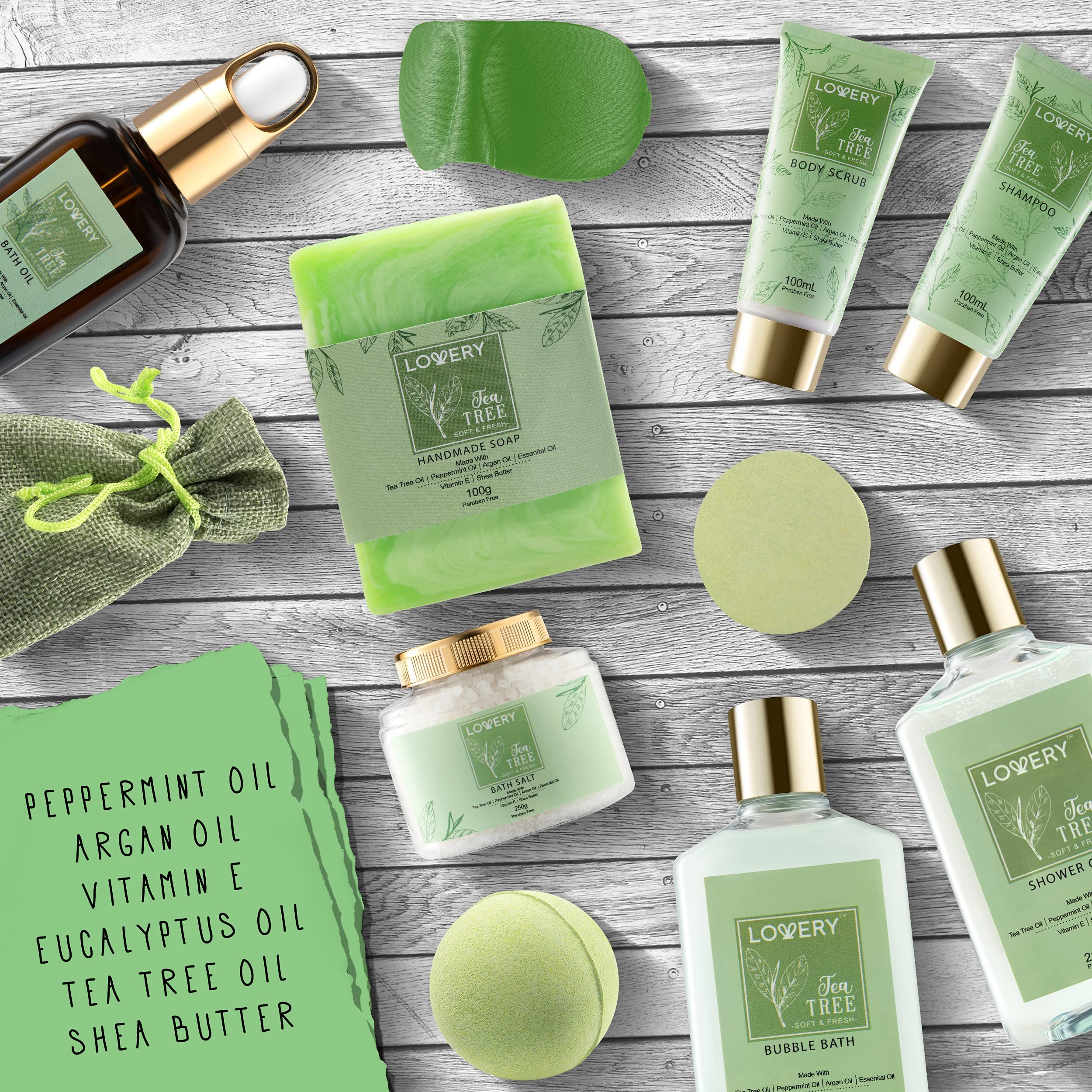 Tea Tree Bath Set - Luxury Home Spa Set with Calming Mint Fragrance β 15 pc Relaxation Gift Basket with Tea Tree Bath Oil,Shower Gel, Bubble Bath, Handmade Soap, Steamer Tablet, Potpourri & More