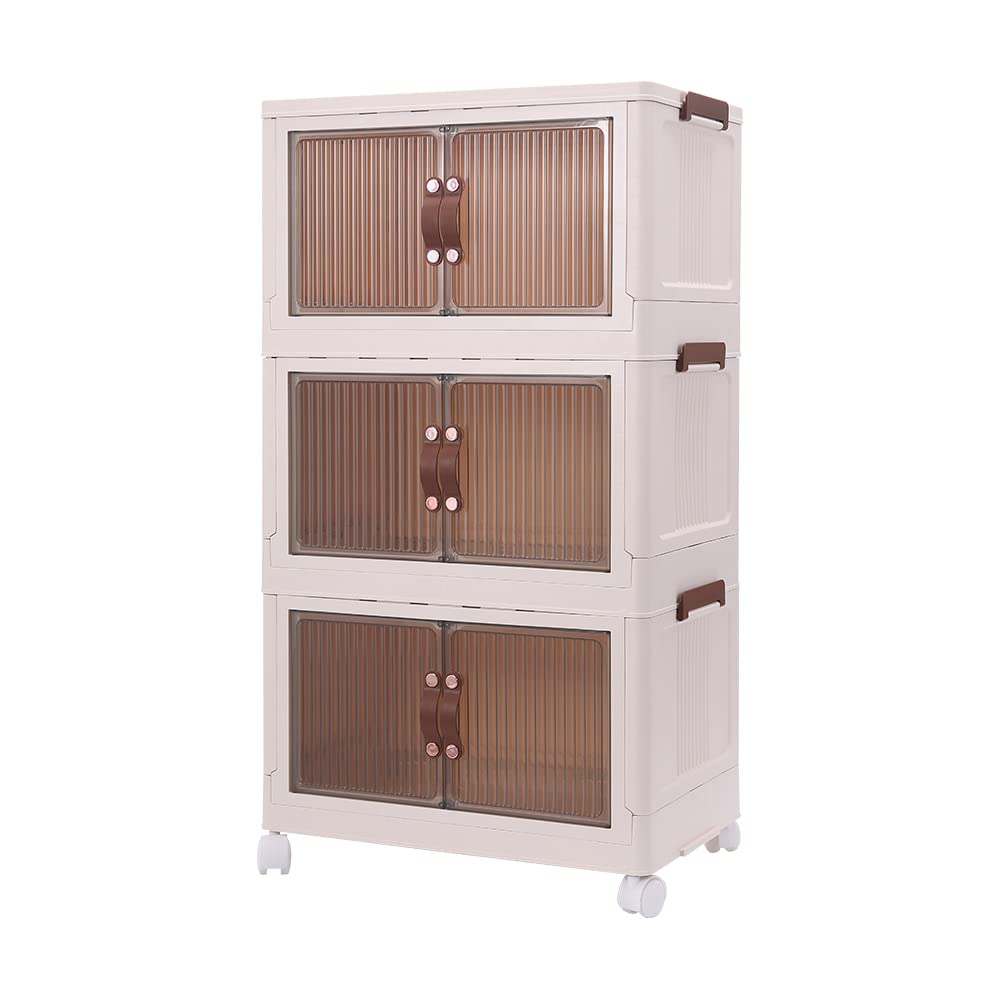 Storage Bins with Lids,21Gal Stackable folding storage boxes set 3 for Home,Collapsible Plastic Storage with Double Door,Foldable Cabinet Organizer with Caster Wheels