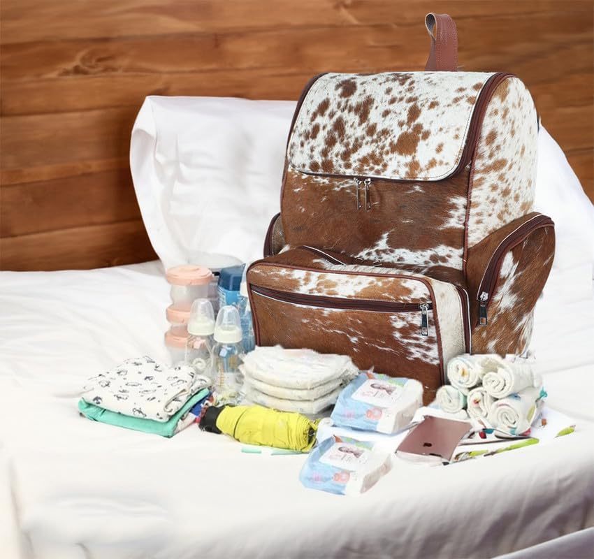 LP-FACON Western Cowhide Print Leather Diaper Backpack | Cute Shower Gifts For Mom | Large Travel Bag Brown & White