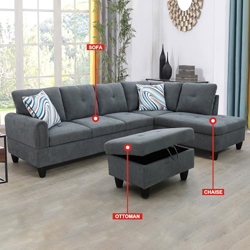 97” W Sectional Sofa with Chaise, Modular Sectional Sofa Set, Flannel Convertible Sectional Couch L Shaped Couch with Chaise, U Shaped Modular Sofa with Storage, Couches for Living Room, Dark Grey