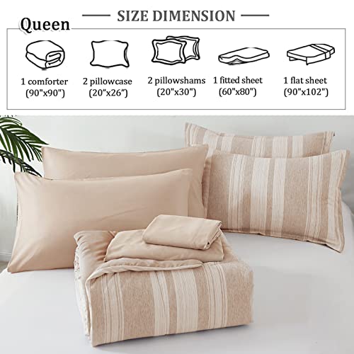 Mybedsoul Khaki Comforter Set Queen Size, Cationic Dyeing Stripes Comforter All Season Bedding Set, Soft Microfiber 7 Pieces Bed in a Bag (2 Pillow Shams, Flat Sheet, Fitted Sheet and 2 Pillowcases)