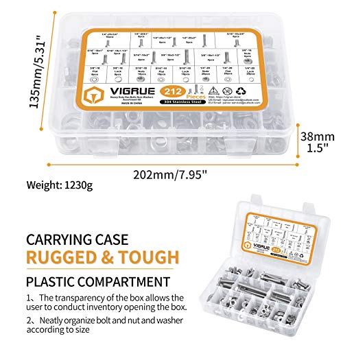 Hex Bolts Assortment Kit, VIGRUE 212PCS/53 Sets 1/4-20 5/16-18 3/8-16 Heavy Duty Bolts Screws Nuts Flat Spring Washers, Includes 10 Common SAE Sizes, 304 Stainless Steel