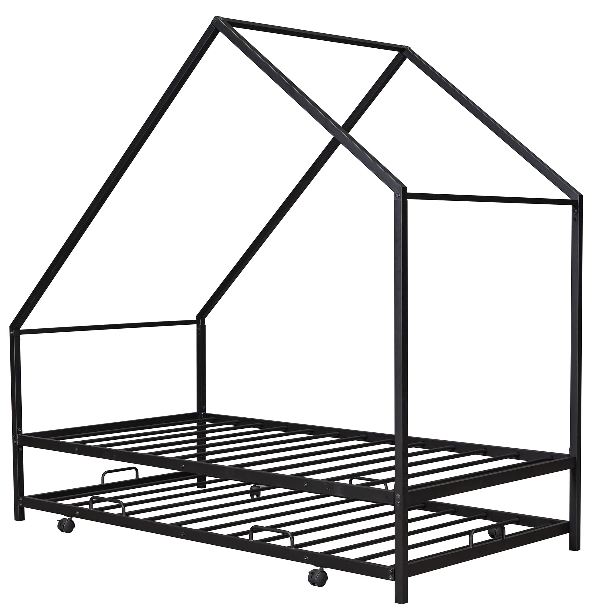 Bellemave Twin Size House Bed with Trundle, Kids Montessori Beds Metal Canopy Bed Frame for Girls Boys Teens, No Spring Box Needed, Black