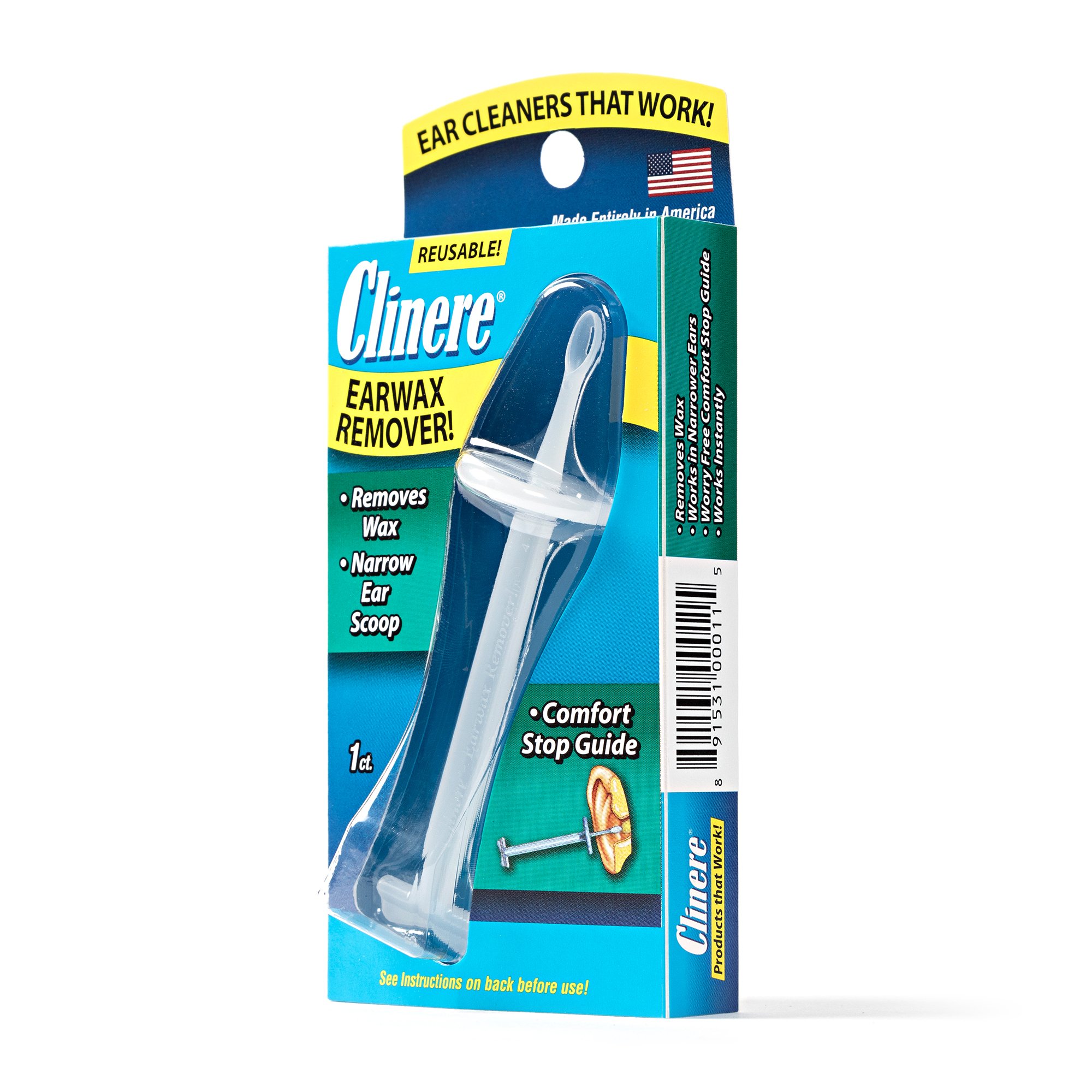 Clinere Ear Cleaner Earwax Remover Reusable Tool with Comfort Guide, Narrow Ear Scoop for Safely & Gently Cleaning Ear Canal at Home, Earwax Removal Cleaning Tool, Itchy Ears, Ear Wax Buildup, 1ct