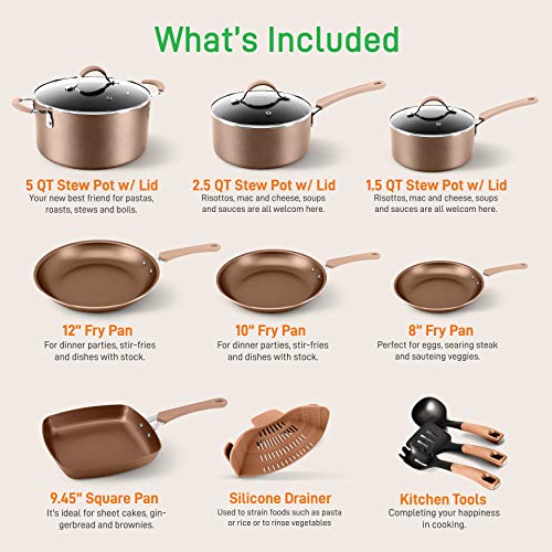 NutriChef 20-Piece Nonstick Kitchen Cookware Set - PTFE/PFOA/PFOS-Free Heat Resistant Kitchen Ware Pots Baking Pan Set w/Saucepan, Frying Pans, Cooking Pots, Oven Pot, Lids, Matt Gold NutriChef