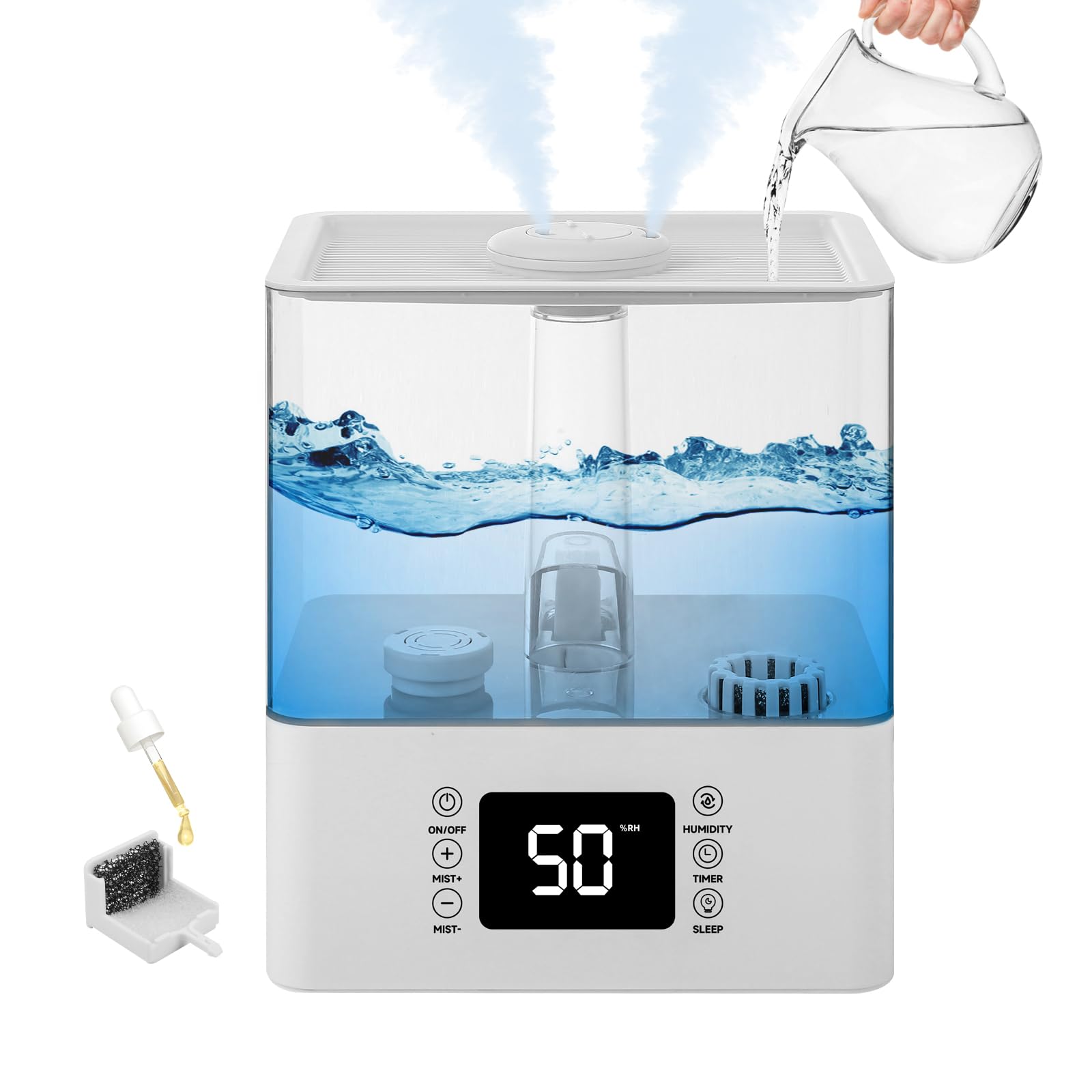 6L Humidifiers for Bedroom Large Room, Cool and Warm Mist Humidifiers for Nursery & Plants, Mist Top Fill Desk Humidifiers Essential Oil Diffuser with Adjustable Mist,360°Nozzle,Auto Shut-Off-Black