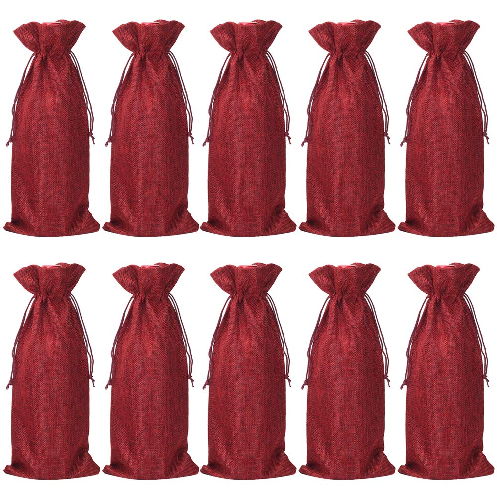 HRX Package Pack of 10 Burlap Wine Bags with Drawstring for Christmas, 14 x 6 1/4 inches (Red)
