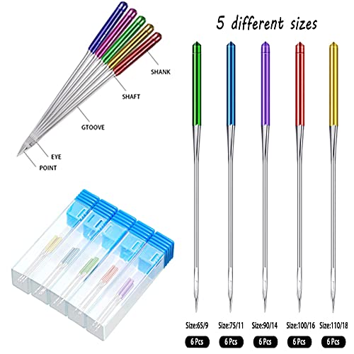30 Pieces Sewing Machine Needles Universal Regular Point Machine Needles for Singer, Brother, Janome Home Sewing Machine with Size in HAX1 65/9, 75/11, 90/14, 100/16, 110/18 (5 Colors)