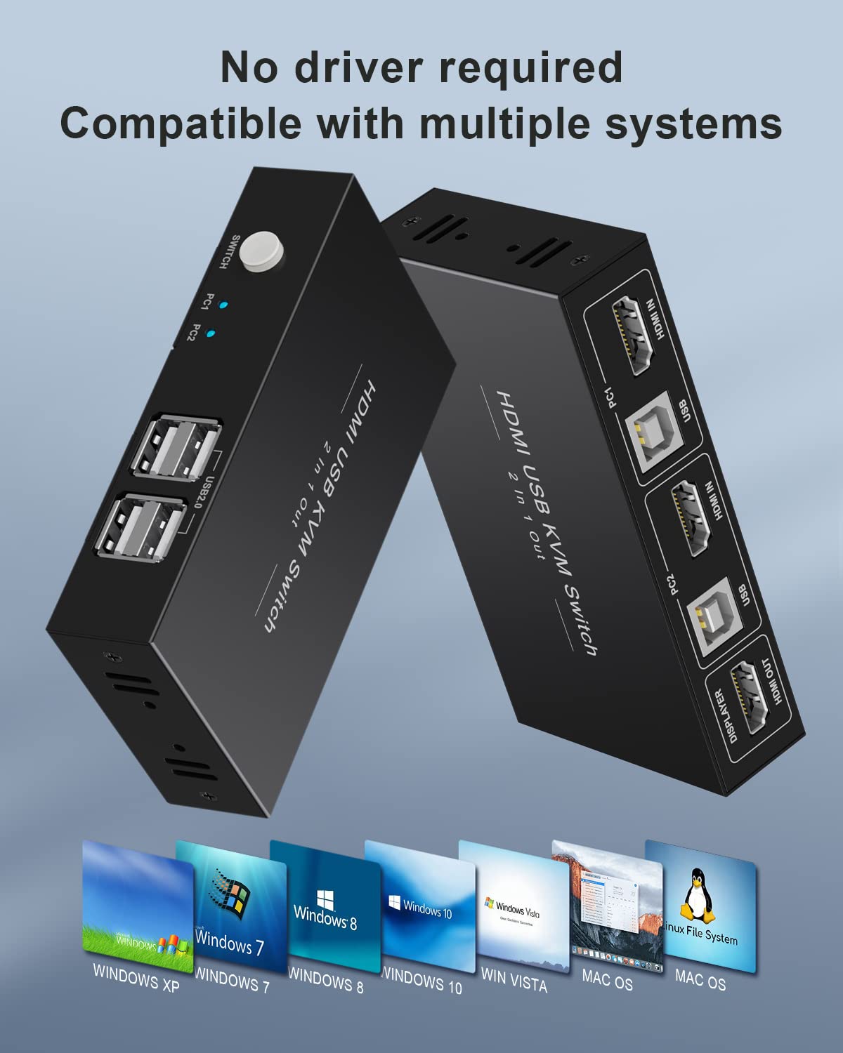 Rybozen KVM Switch HDMI 2 Port Box,USB Switch selector with 4 USB 2.0 Hub Share 2 Computers, UHD 4K@30Hz, Support Wireless Keyboard and Mouse, Powered by USB,with 2 HDMI and 2 USB Cables