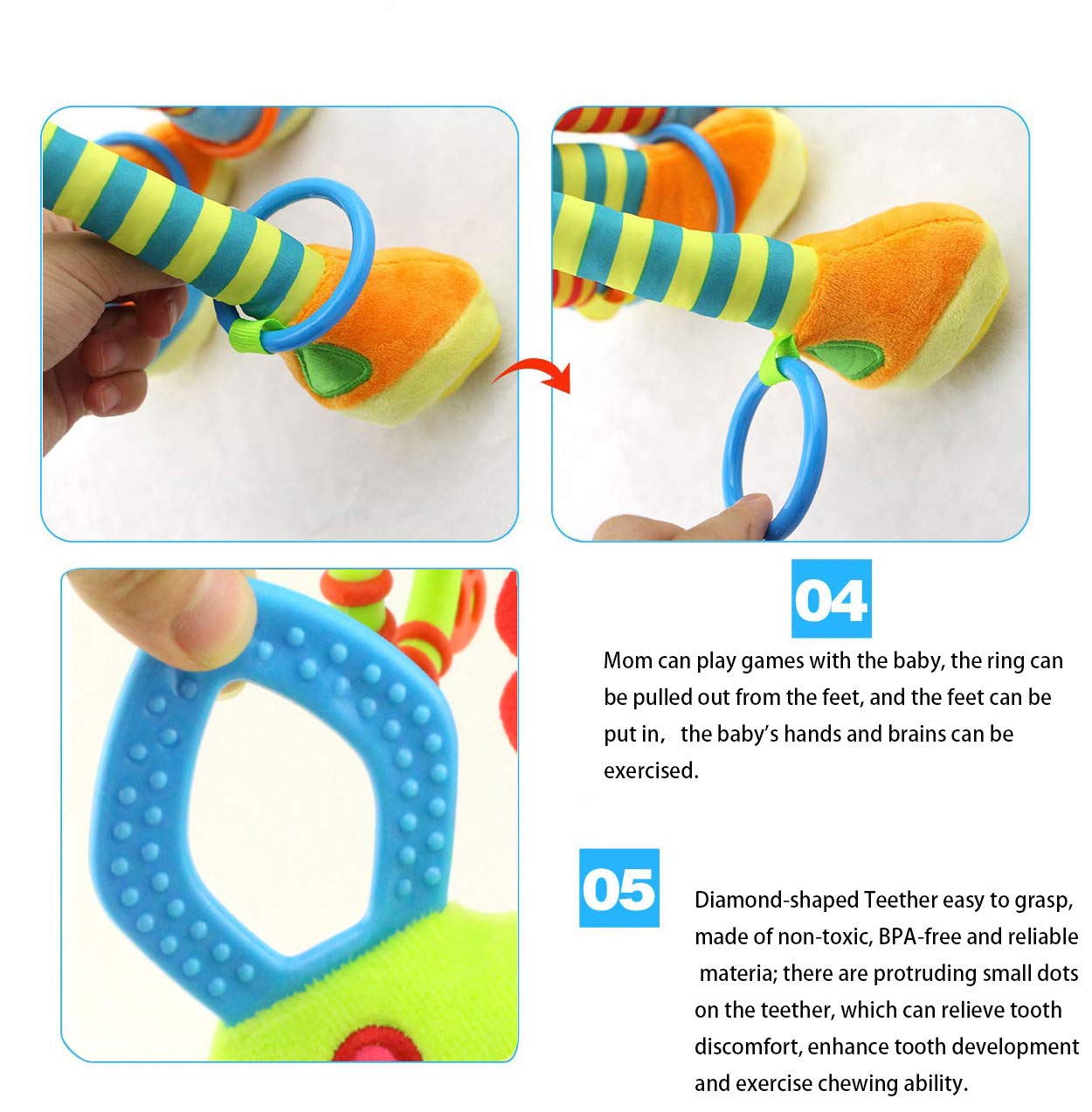 RichChoice Giraffe Baby Educational Toys (one Box:50 pcs):1-3-6-8 Month,1-2-3 Year Old Crib Bed,Car Seat, Stroller, Activity,Travel Hanging Toys;Kids Plush Portable Toys with Crinkle, Ring,Teetherā¦