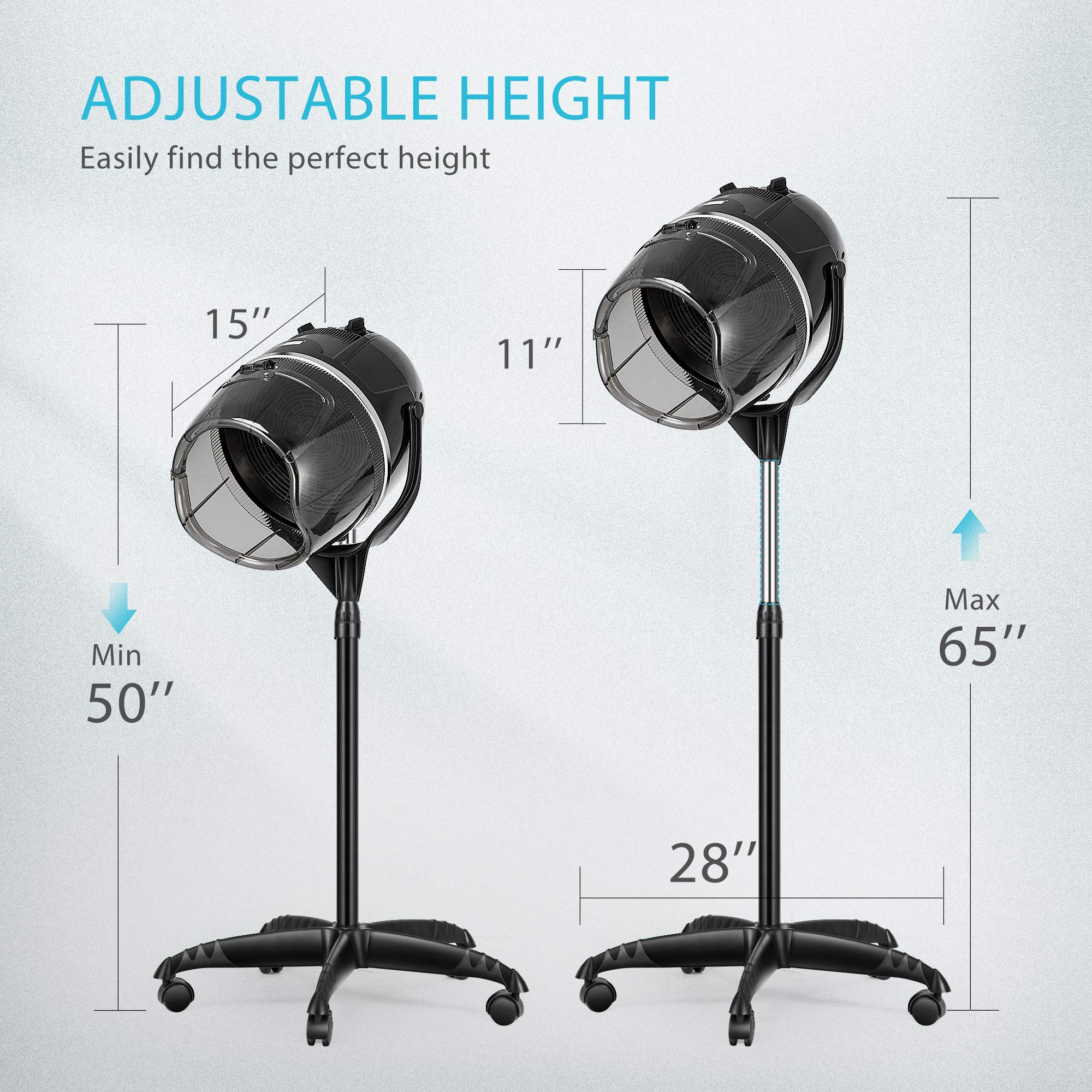 VIVOHOME 1300W Professional Height Adjustable Stand Up Bonnet Hair Dryer Hooded Floor Stand Rolling Base with Wheels for Salon Equipment Beauty Spa Home