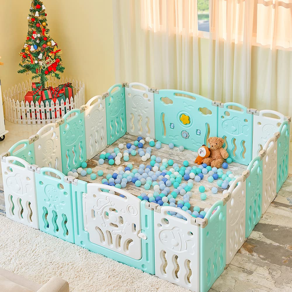 Albott Baby Playpen 18 Panels Safety Sturdy Kids Play Center Yard - Kids Activity Center for Indoor Outdoor Portable Play Yard with Gate for Baby (Blue+White)