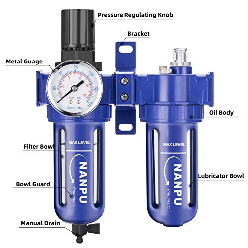 NANPU 3/8" NPT Compressed Air Filter Regulator Lubricator (FRL), Zinc Alloy, 5 Micron Brass Element, 0-150 psi Gauge, Quick Release Bowl, Manual Drain, Metal Bracket