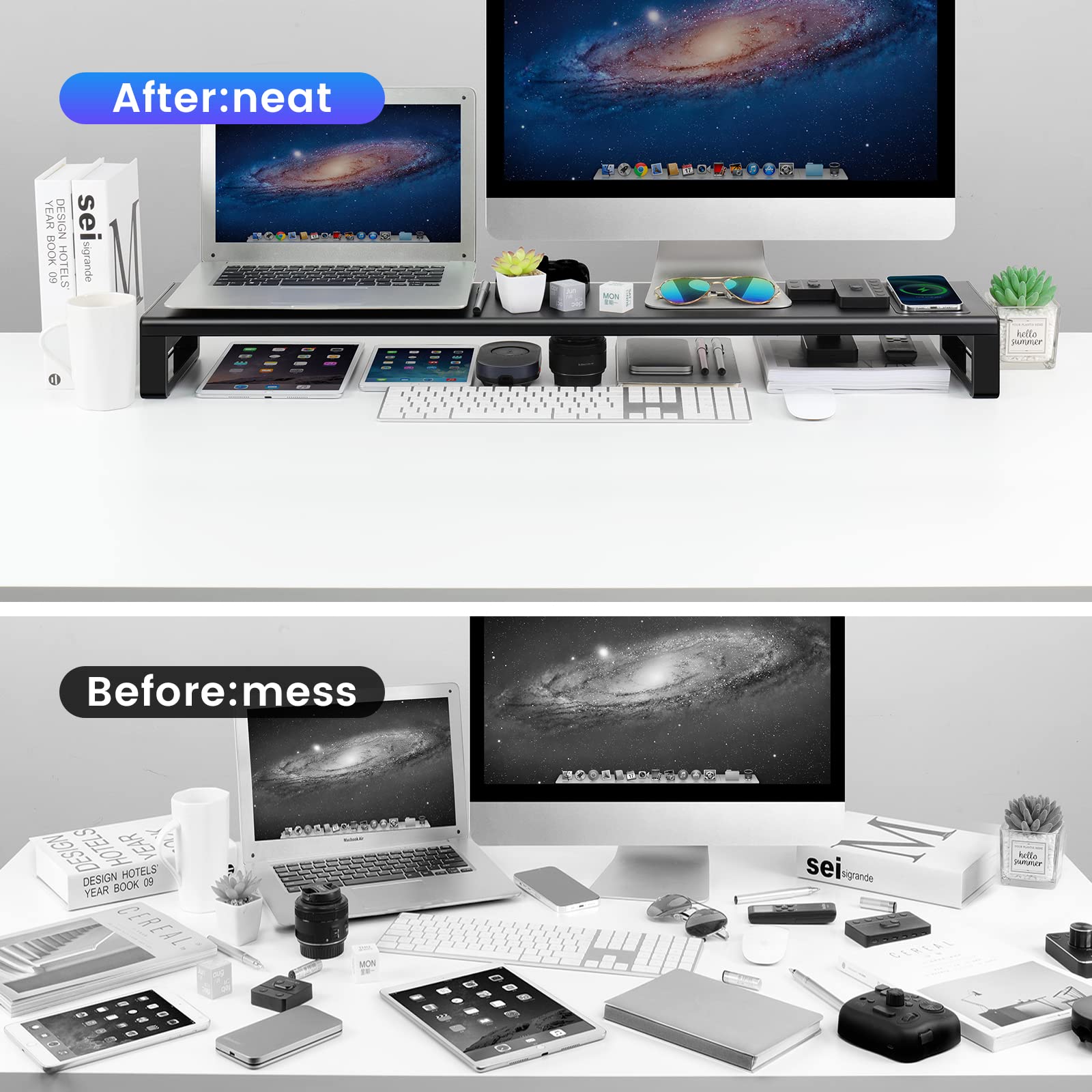 Vaydeer Dual Monitor Stand, Double Monitor Riser with Wireless Charger and 4 USB 3.0 Hub Ports, Metal Desk Raiser for 2 Monitors, PC Screen iMac Studio Display Gaming Office Work Space Saver Organizer