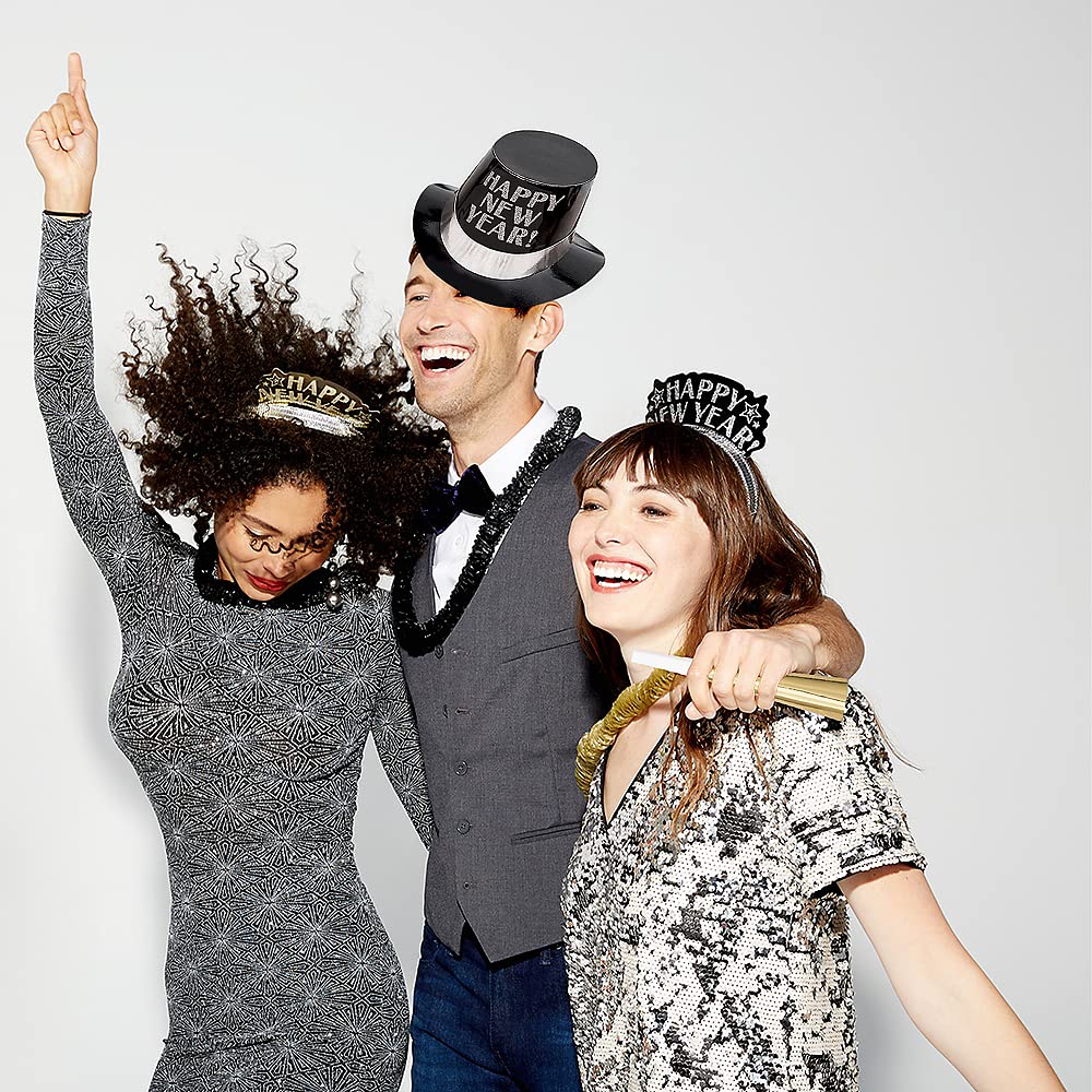 amscan Midnight Elegance Black, Gold and Silver 2025 New Year's Eve Party Decorations Supplies for 10, Includes Top Hats and Tiaras