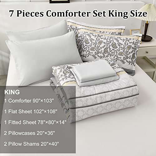 Grey Comforter Set King,7 Pieces Bed in a Bag Paisley Comforter for All Season Soft Microfiber Boho Bedding Set-1 Comforter, 1 Flat Sheet, 1 Fitted Sheet, 2 Pillow Shams,2 Pillowcases