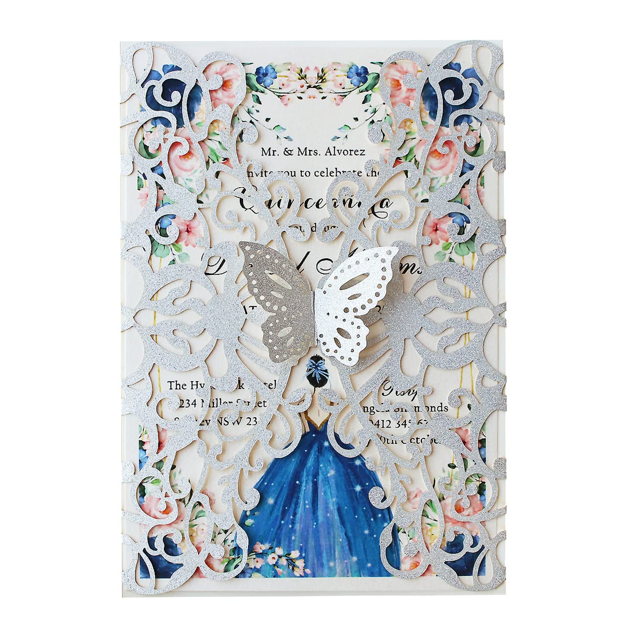 KUCHYNEE 20PCS 5.1x7.3 inch Silver Laser Cut Lace Flora Wedding Invitation Cards with Butterfly and Envelopes for Quinceañera Bridal Shower Wedding Invite (Silver Glitter)