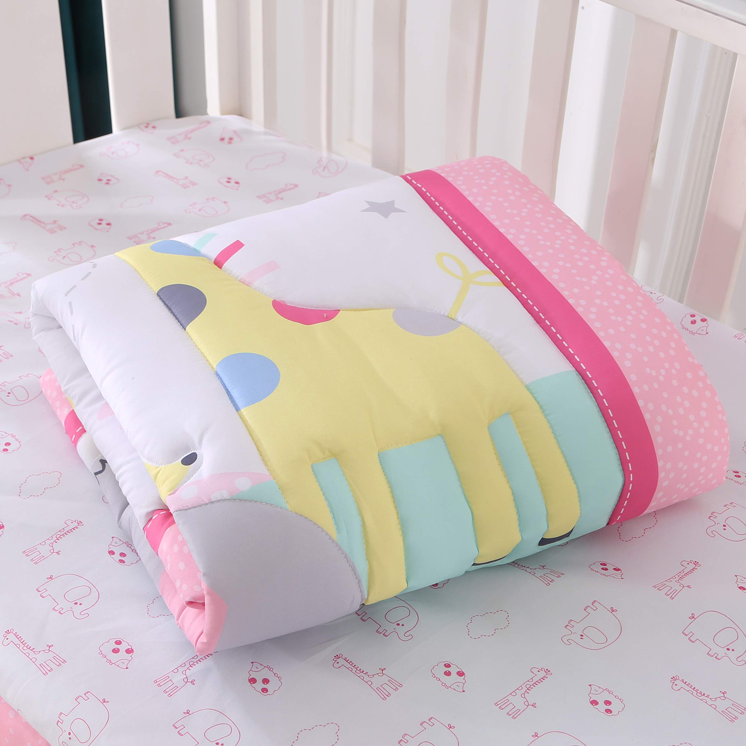 VIVILINEN Pink Elephant Crib Bedding Set for Girls 3 Pieces Giraffe Hedgehog Animals Infant Nursery Baby Crib Comforter Set with Crib Bed Blanket Quilt Fitted Sheet Skirt Set