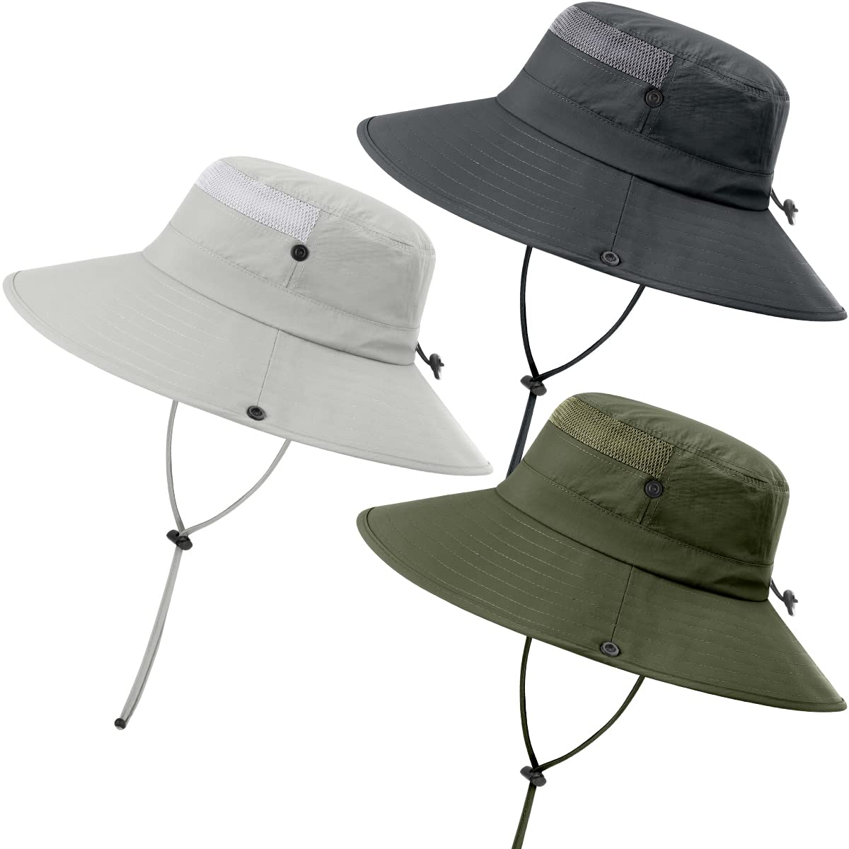3 Pack Mens Boonie Sun Hat Women UV Protection Outdoor Bucket Hat with Wide Brim for Fishing,Hiking,Safari & Gardening (3 Pack-Dark Grey&Light Grey&Army Green)