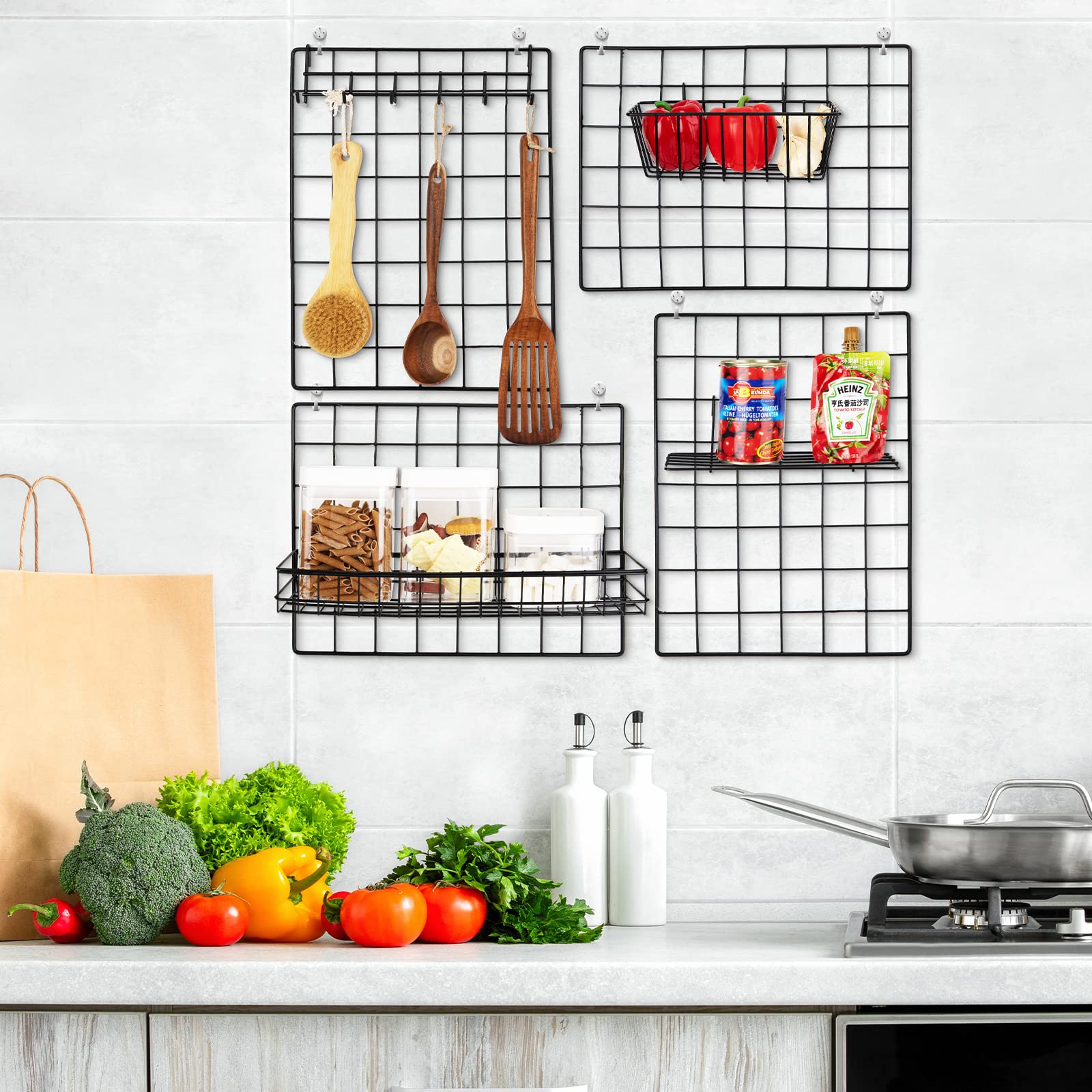 6 Pack 16 x 12 Inch Black Wall Grid Wire Panel with Accessories 1 Black Hanging Wire Basket, 1 Shelf, 1 Hook Rack, 2 Letter Sorter Shelf, 20 Clips, 12 Non Trace Nail, 2 Hemp Rope, Photo Home Decor
