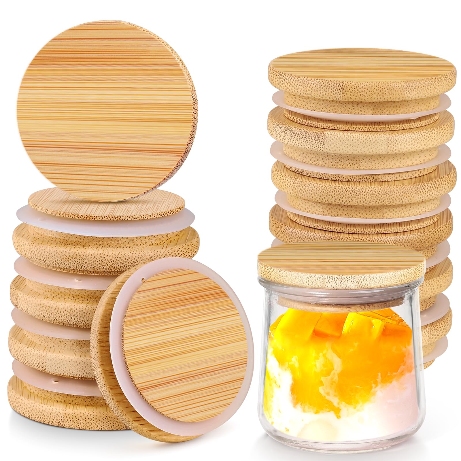 Oui Yogurt Jar Lids - Oui Lids- Natural Bamboo Wood with Silicone Sealing Rings, For 5 Oz Oui Yogurt Jars (12 Pack)