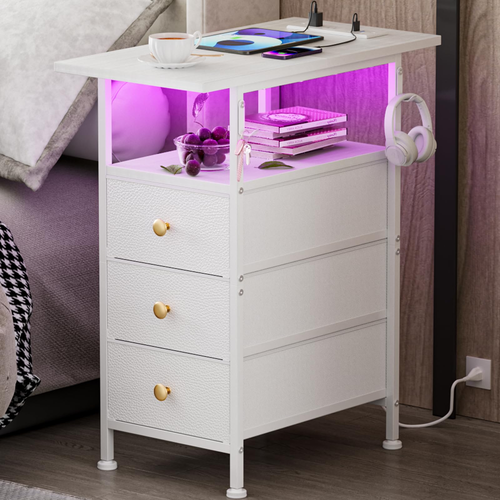 GipGiper End Table with Charging Station, Narrow Side Table with 3 Fabric Drawers and Shelf, Skinny Nightstand with LED Light, Slim Bedside Table for Bedroom, Living Room, Small Spaces, White