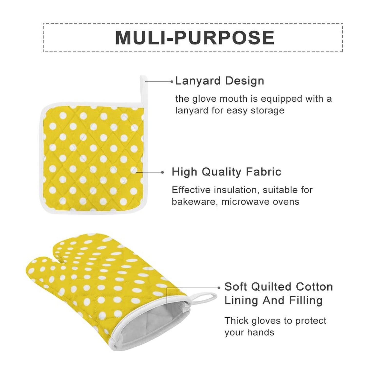 4PCS Oven Mitts Glove Kitchen Heat Resistant Pot Holders Set Lemon Yellow Polka Dot Pattern Kitchen Microwave Oven Gloves Mitts Anti-Scald Baking Cooking Gloves