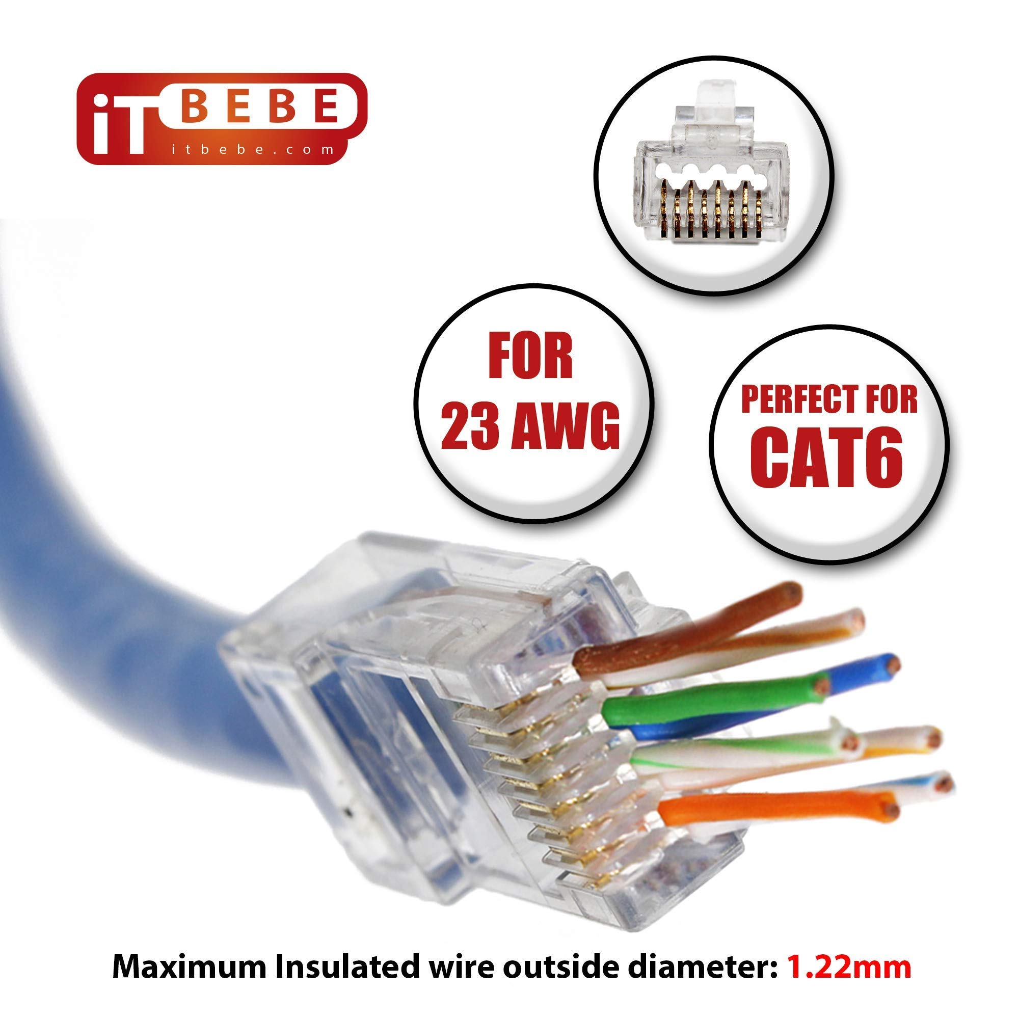 ITBEBE 100 Pieces - Gold Plated RJ45 Cat6 Cat6a Pass Through Connector for 23 AWG Cables