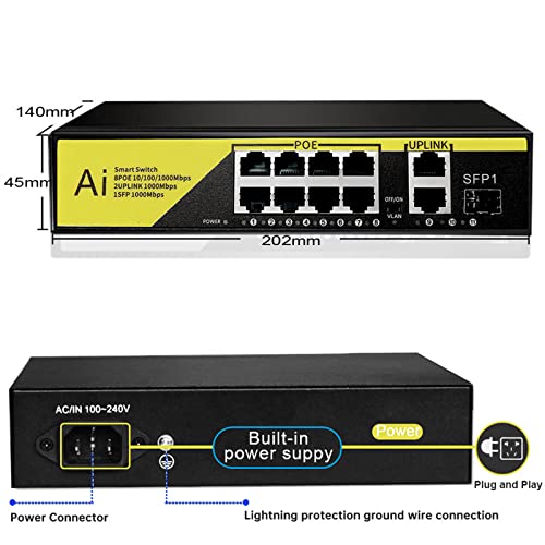 Link ROW08G 11 Port Gigabit PoE Ethernet Switch with 8 Port PoE 120W+2 Uplink+1 SFP Slots, Unmanaged Ethernet Splitter, Plug & Play,802.3AF, Fanless Quiet, Shielded Ports, Traffic Optimization