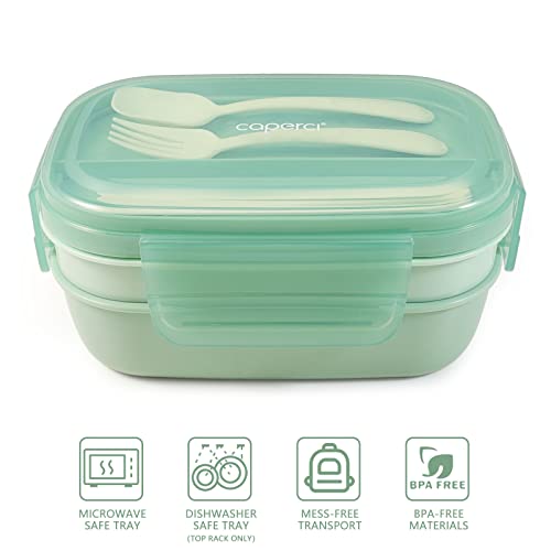 Caperci Stackable Bento Box Adult Lunch Box - 3 Layers All-in-One Lunch Containers with Multiple Compartments for Adults & Kids, 55 oz Large Capacity, Built-in Utensil Set & BPA Free (Green)