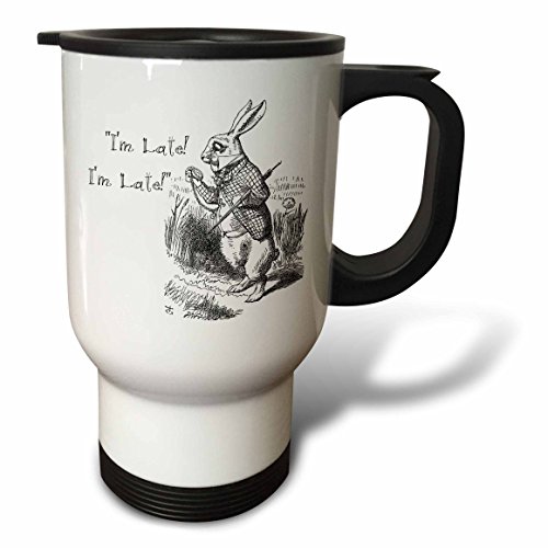 3dRose Alice in Wonderland White Rabbit Im Late John Tenniel Illustration Travel Mug, 14-Ounce, Stainless Steel