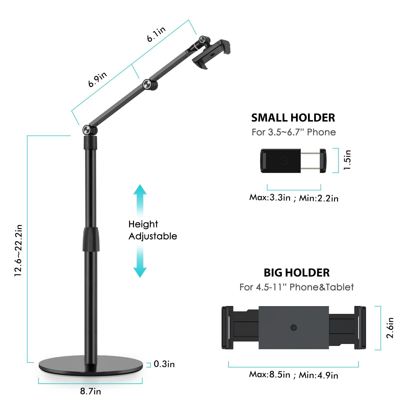 Viozon Tablet Phone Overhead Stand, Height & 360 Degree Angle Adjustable, Aluminum Desktop Stand, Compatible with 3.5-11" Cellphone or Tablet Such as iPhone iPad Pro Air Mini, Samsung, Nexus(AP-4P-B)
