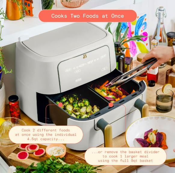 9QT TriZone Air Fryer with White Icing by Drew Barrymore - Large Capacity, Healthy Cooking, and Sleek Design (White)"