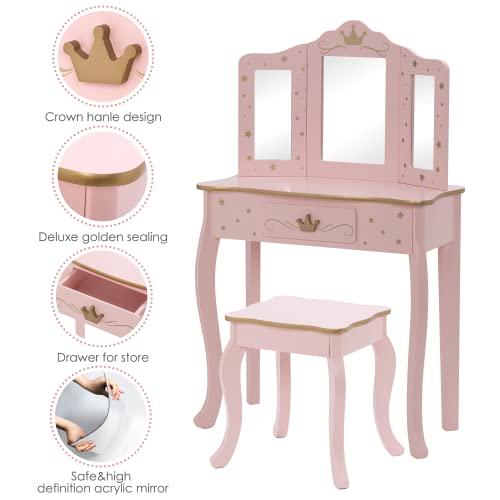 UTEX Pretend Play Kids Vanity Table and Chair Vanity Set with Mirror Makeup Dressing Table with Drawer,Play Vanity Set,Pink