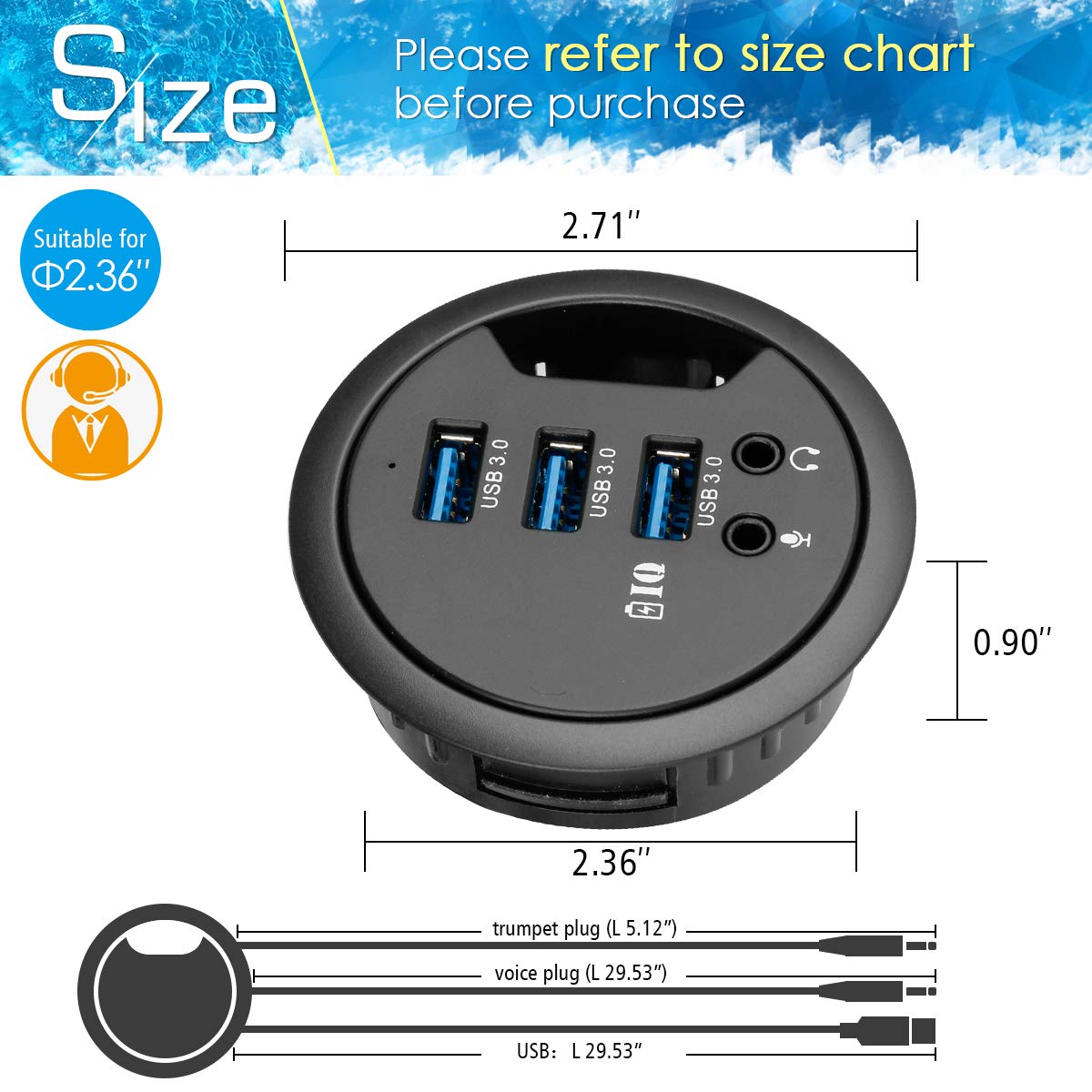 WDX Grommet Hole in Desk USB 3.0 3 Port Hub BC 1.2 USB Charger with 3.5mm Sound Card Mic Phone Jack, 5V/2A Power Adapter for iPhone/Smart Phones(AC Power Supply Included)