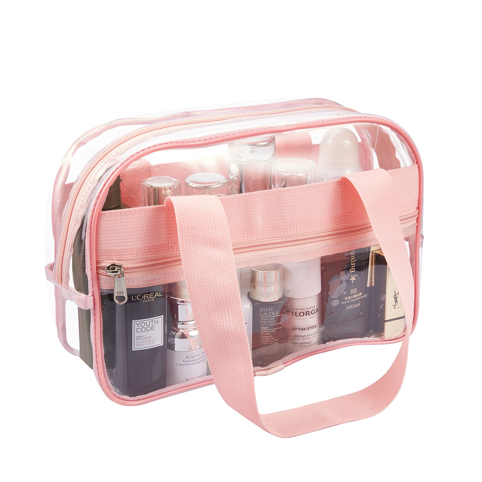 Premium Large Clear Makeup Cosmetic Toiletry Organizer Bag, Clear Tote Bag Stadium Approved, Mini Clear Purse for Gym, Work, Travel or Concert (Pink)