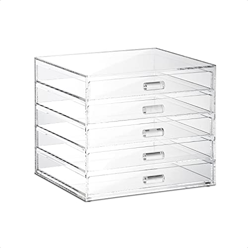 Ikee Design Premium Acrylic 5 Drawer Makeup Organizer Cosmetic Storage Jewelry Display Case for Home Storage and Store Display, 8.5" W x 7.25" D x 7.25" H