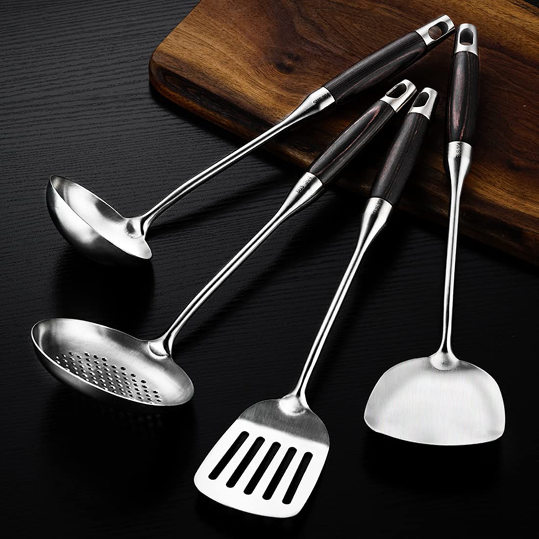 304 Stainless Steel kitchen utensils set 4 Pcs Cooking Utensil, Spatula,Soup spoon,Leaking shovel,Colander Heat Resistant Wooden Handle Kitchen Tools (Black4T)