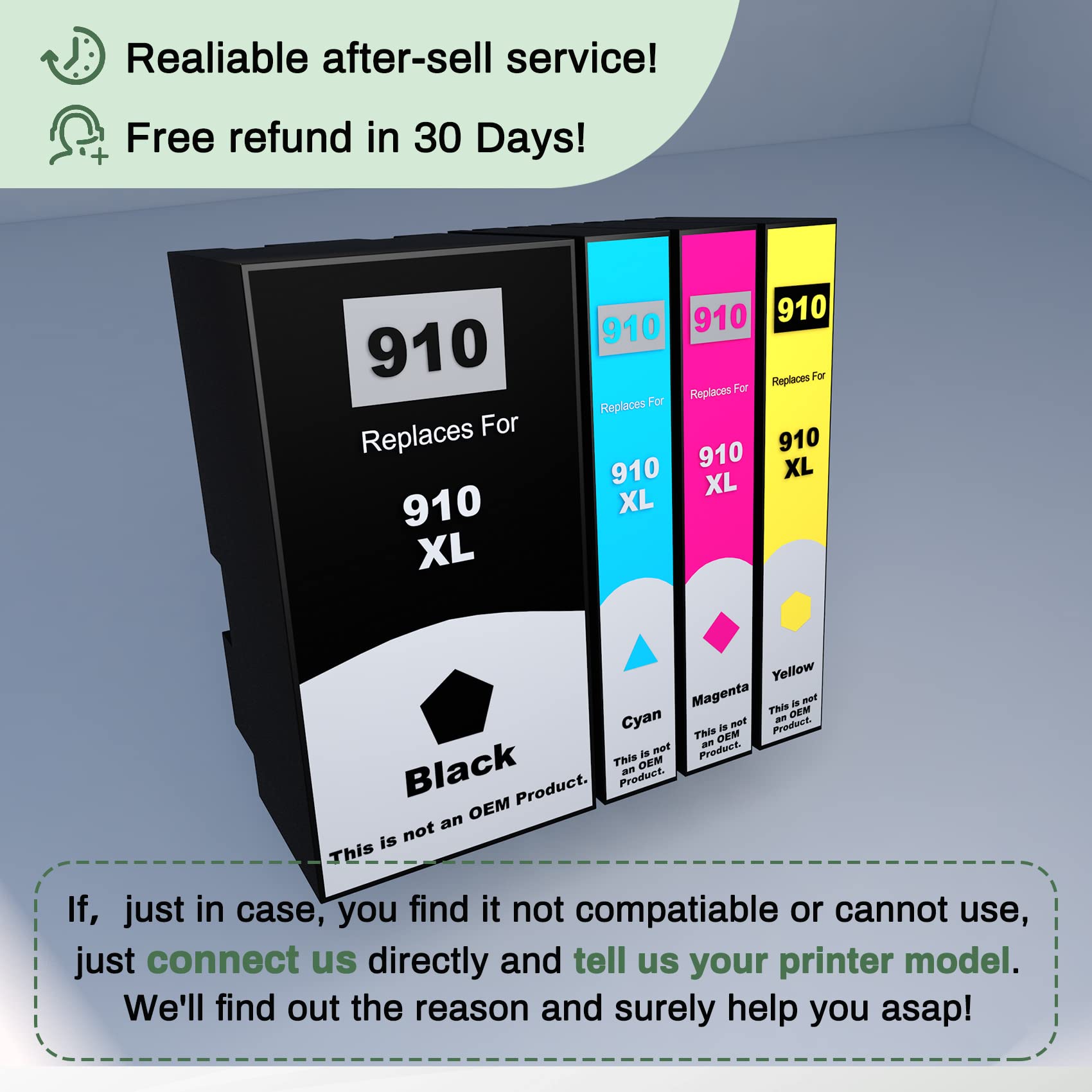 910XL Ink Cartridges Combo Pack, Compatible with HP OfficeJet 8010 8020 8030 Series Printer, Replacement for 910 910XL 916 916XL, High Yield, Black Cyan Magenta Yellow
