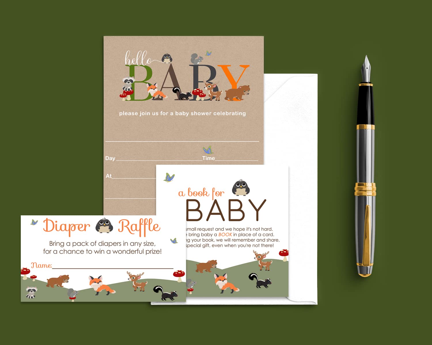 Paper Clever Party Woodland Invitation Kit for Baby Shower, Set Includes Blank Invites with Envelopes, Diaper Raffle Tickets and Bring a Book Cards, 25 of Each Design