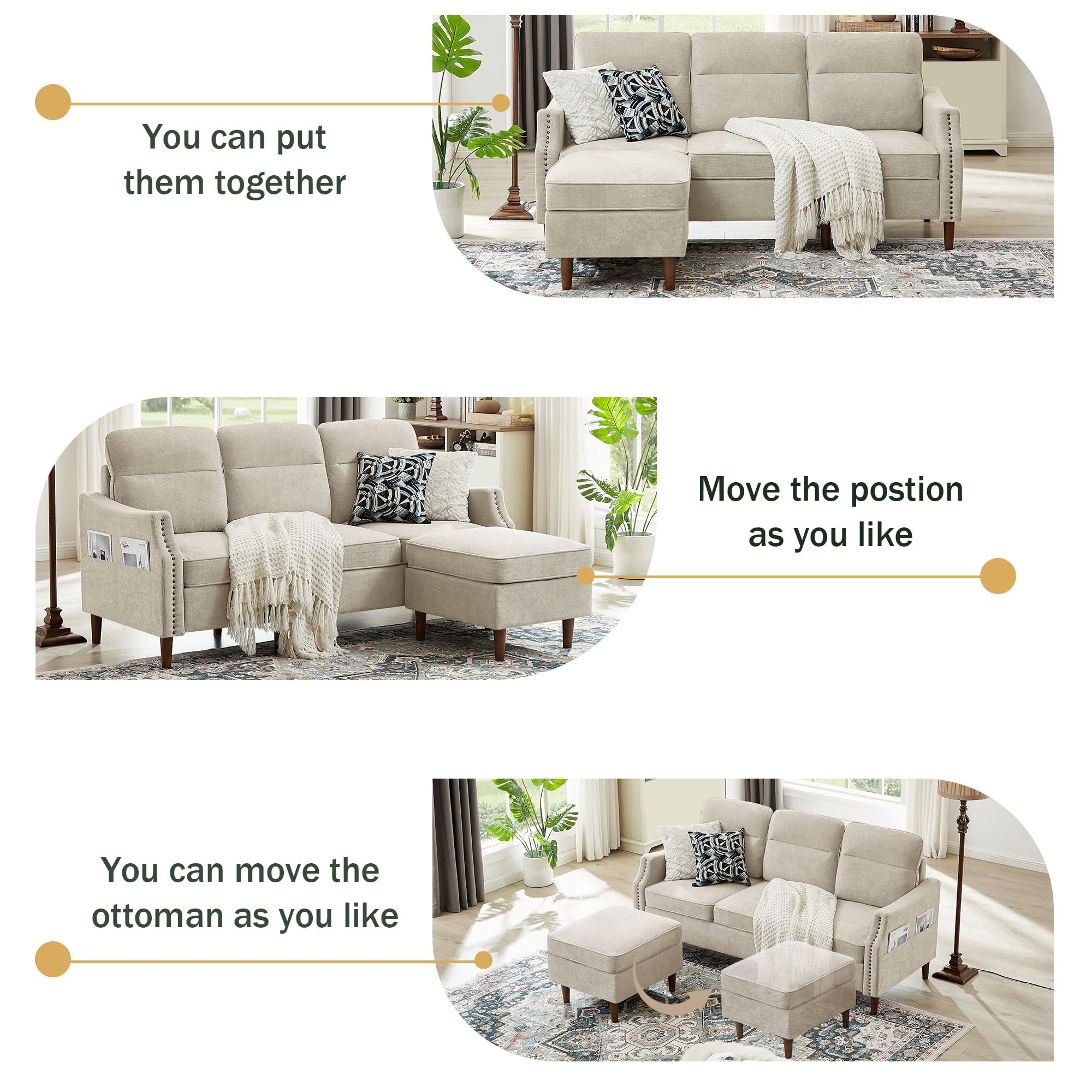 78" Convertible Sectional Sofa Couch, Modern 3 Seat L-Shaped Sofa with with Reversible Chaise and Storage Bags, Microfiber Small Couch for Small Apartments, Living Room and Office, Light Grey