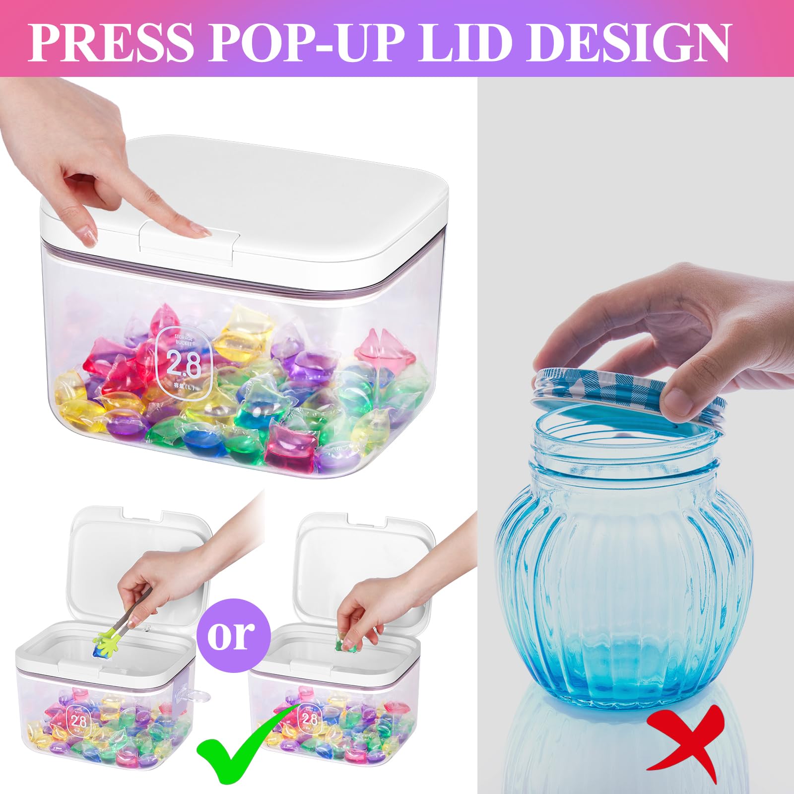 94Oz / 5.8Lb Laundry Pod Containers, Push Button, Laundry Pod Container Holder Storage Laundry Pod Organizer for Laundry Room Laundry Powder Dishwasher Pods Washing Scent Beads Storage