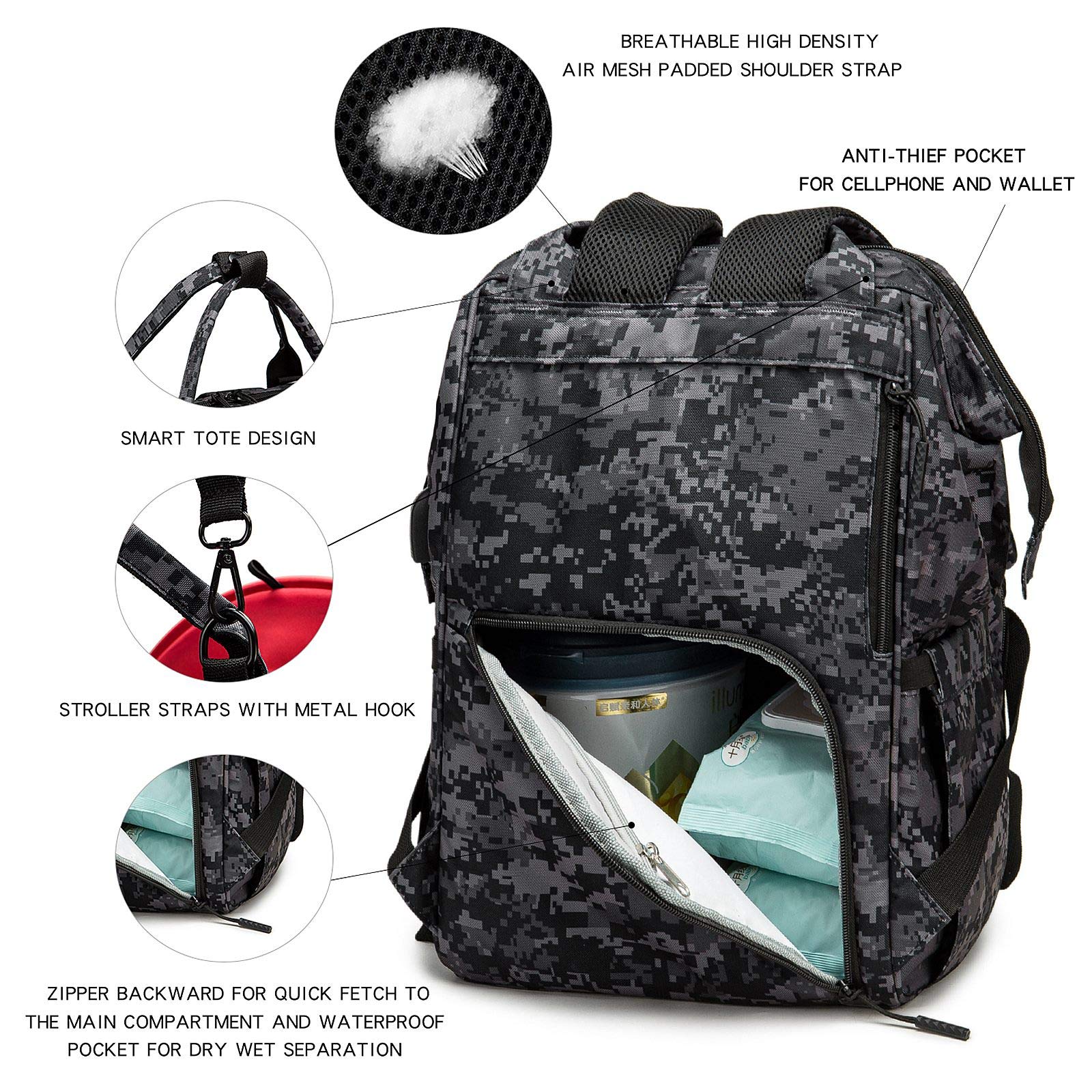 QWREOIA Diaper Bag Backpack with USB Charging Port Stroller Straps and Insulated Pocket,army military Travel Nappy Backpack for Dad/Mom (Black Camo)