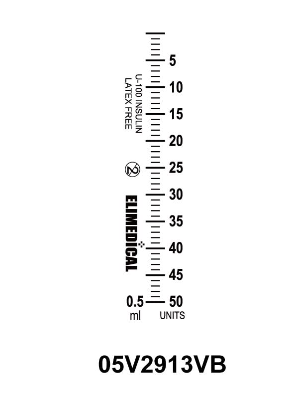 Elimedical Veterinary Insulin Syringe, U-100, 0.5cc (ml), 29g x 1/2 inch (12.7mm), Individually Packed, for Pet Cat or Dog, 100 per Box, 05V2913VB
