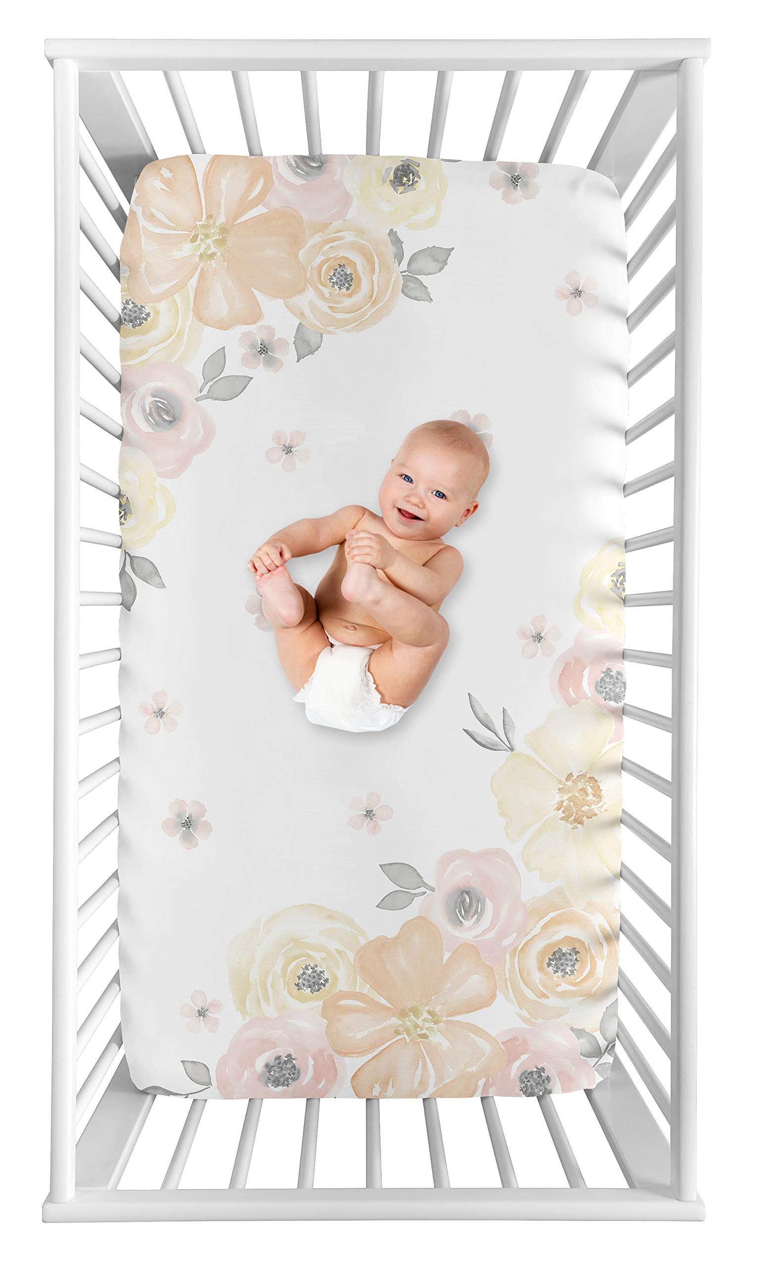Sweet Jojo Designs Yellow and Pink Watercolor Floral Girl Fitted Crib Sheet Baby or Toddler Bed Nursery Photo Op - Blush Peach Orange Cream Grey and White Shabby Chic Rose Flower Farmhouse