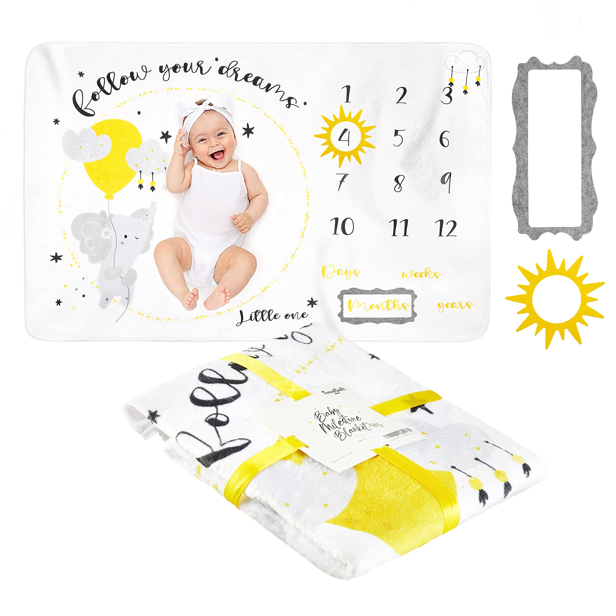 TreadSoft Baby Milestone Blanket for Boys & Girls | Personalized Baby Blanket for Newborn Including Props | Gender Neutral Baby Gift | 60 x 40 Inches